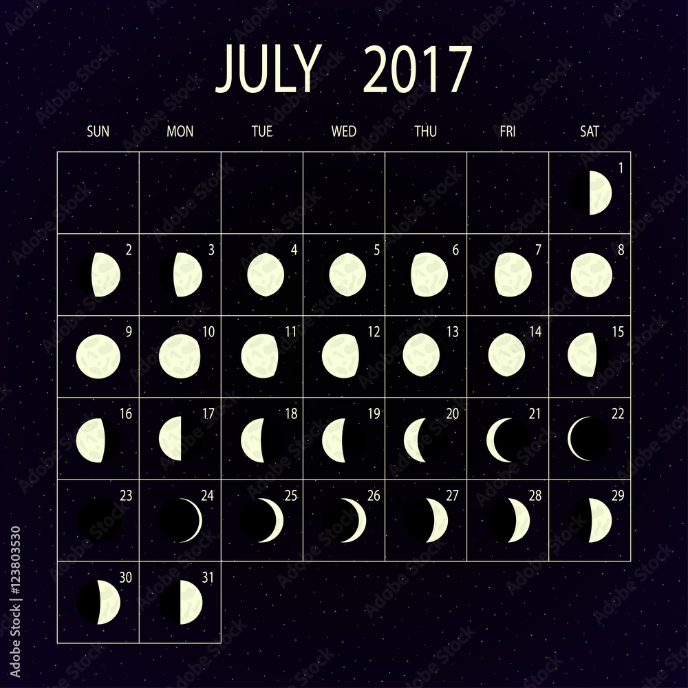 Moon phases calendar for 2017. July. Vector illustration. Stock Vector ...