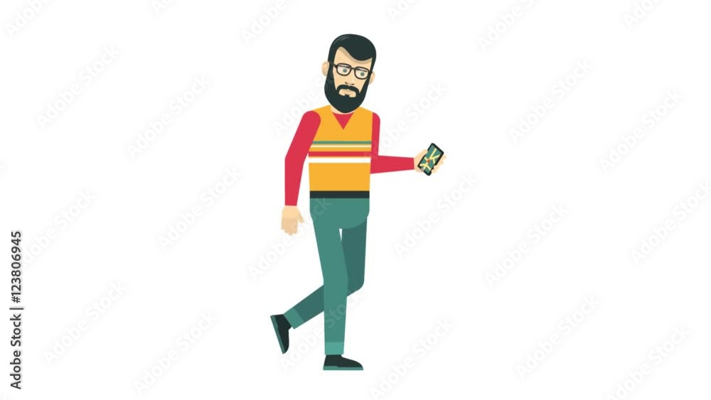 Bearded hipster with glasses walking and hold a phone navigator in hand ...