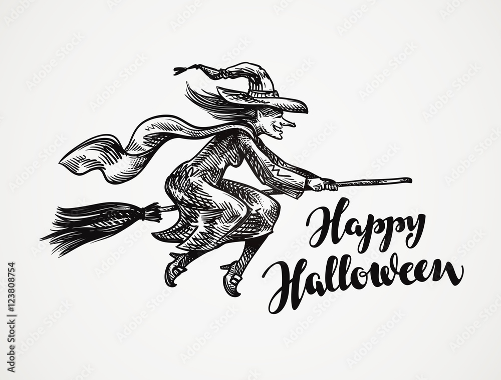 Halloween. Old wicked witch flying on broomstick sketch. Vector ...