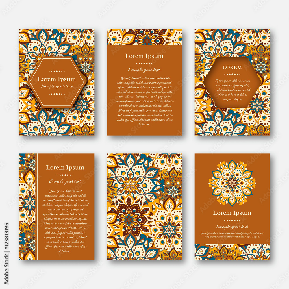 Set of cards, flyers, brochures, templates with hand drawn manda Stock ...