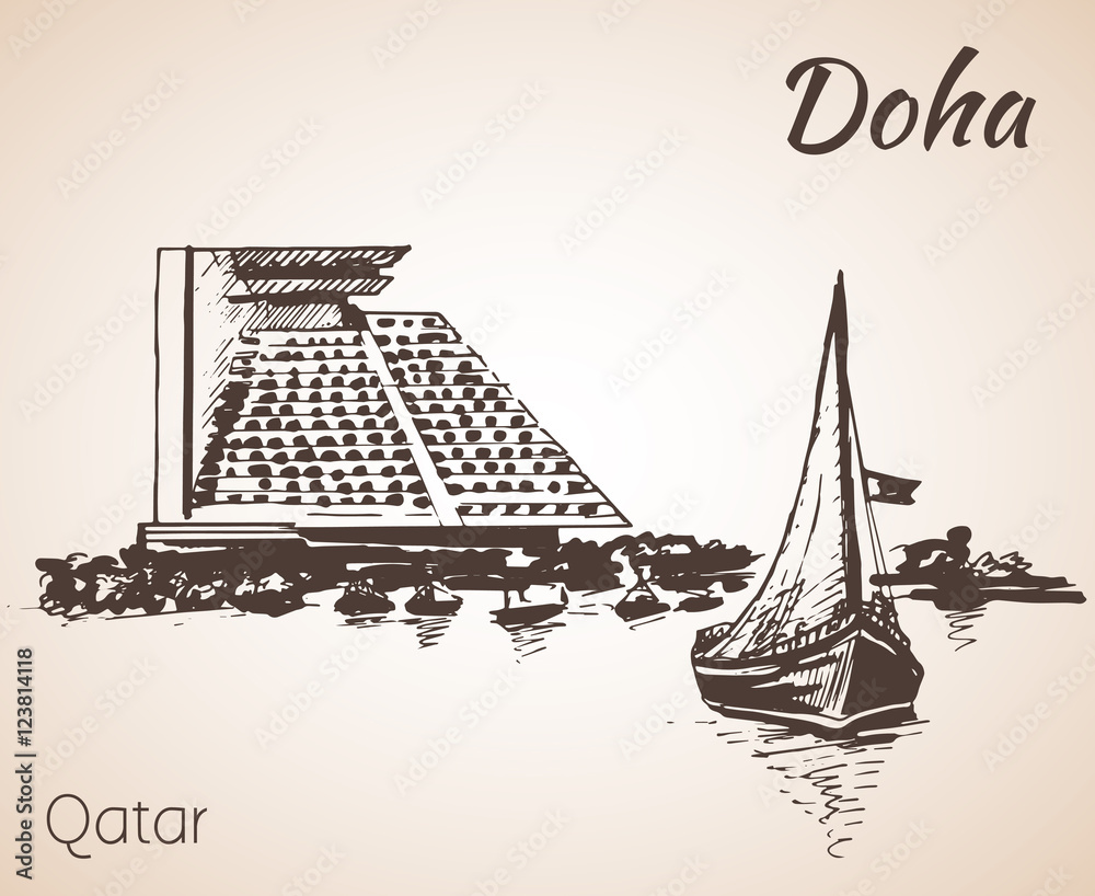 Doha, Qatar city view sketch. Stock Vector | Adobe Stock
