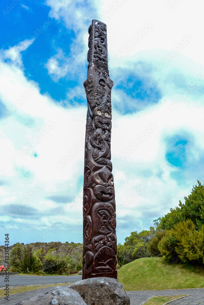 totem pole of maori at mount taranaki, new zealand Stock Photo | Adobe ...