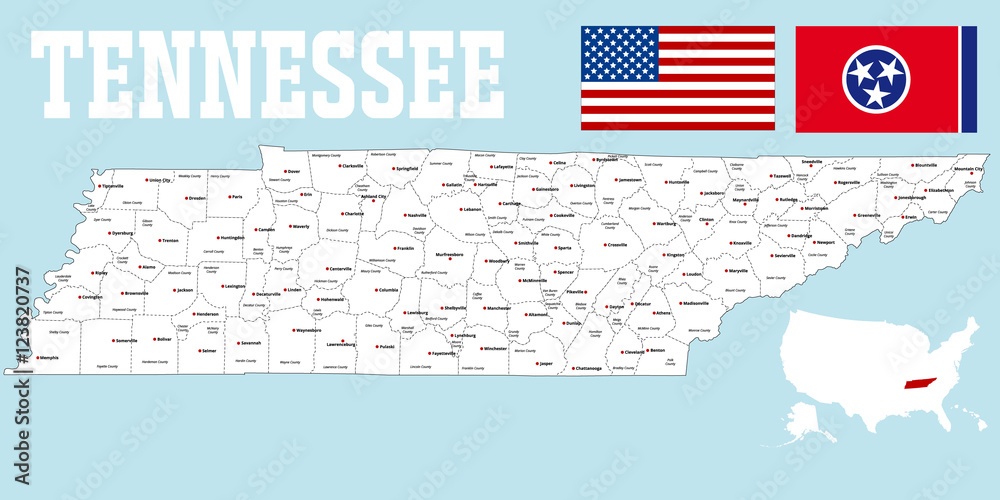A large and detailed map of the State of Tennessee with all counties ...