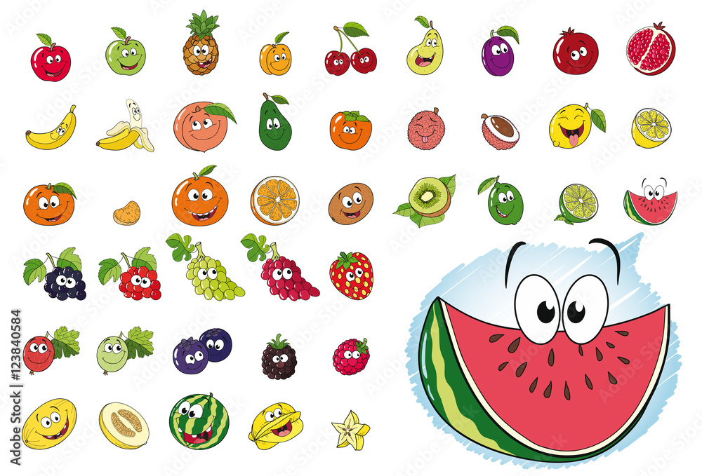 42 Illustrationen von 27 verschiedenen und fröhlichen Obstsorten Stock ...