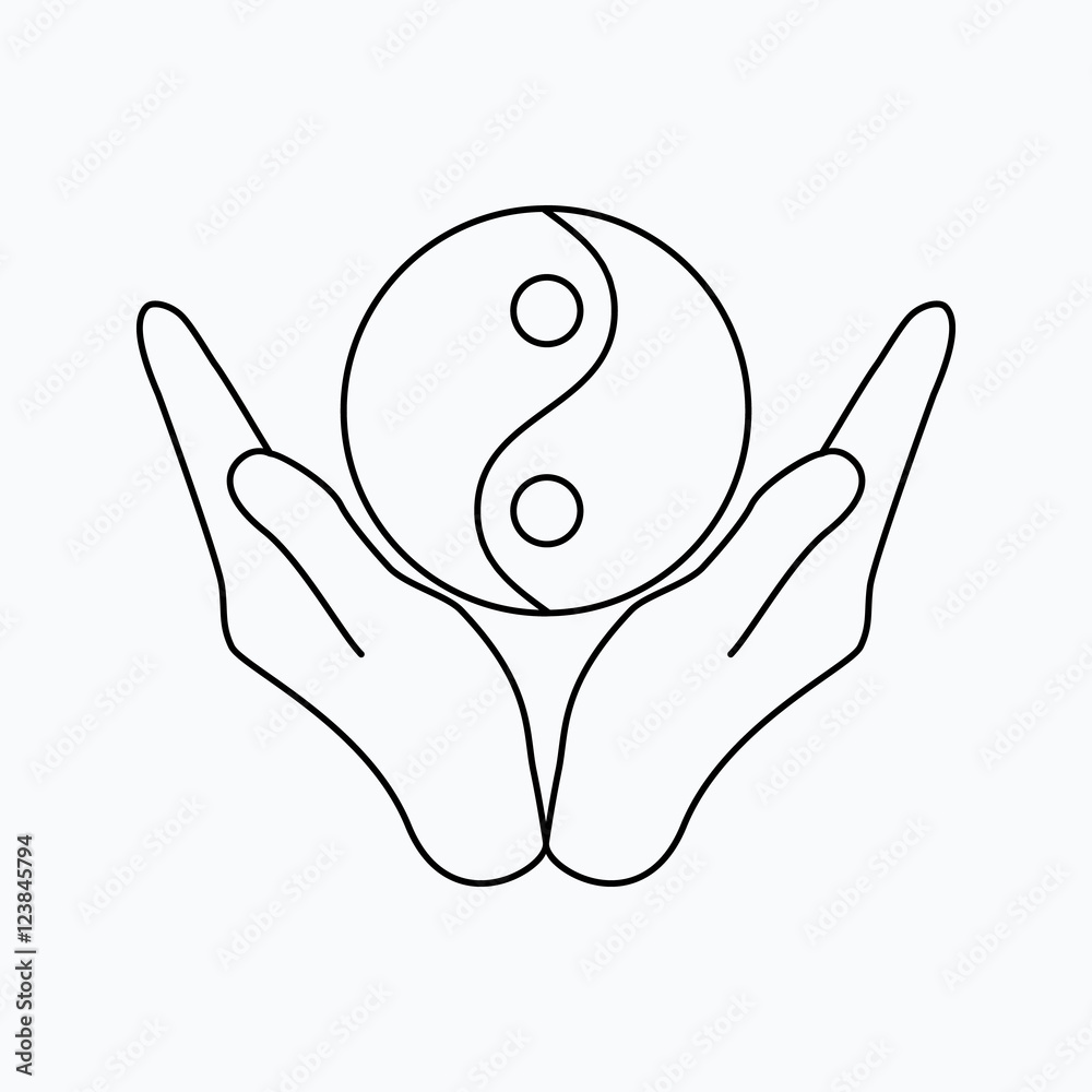 Vector illustration of hands holding yin yang symbol. Religion icon ...