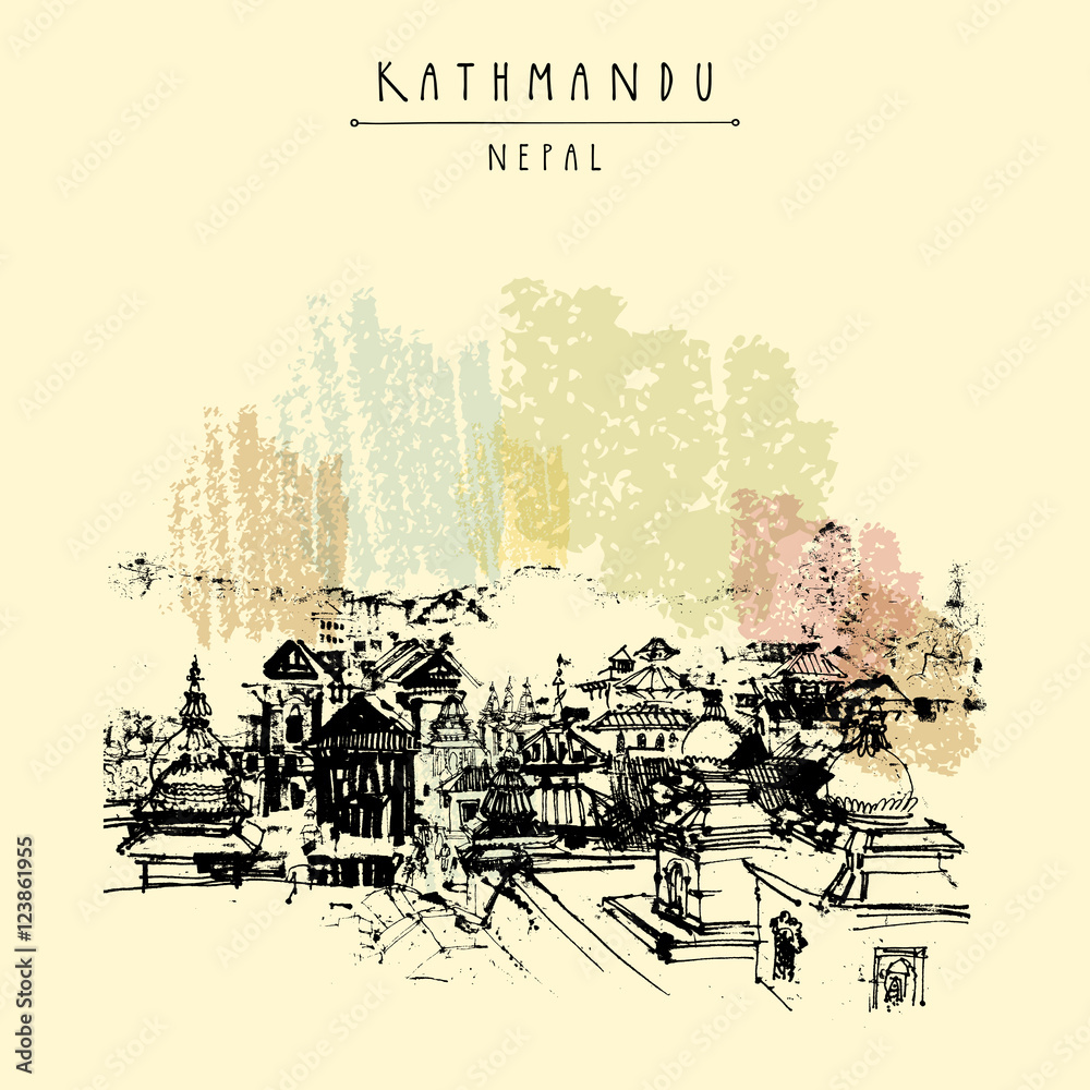 Pashupatinath Hindu temple, Kathmandu, Nepal. Travel sketch on Nepalese ...