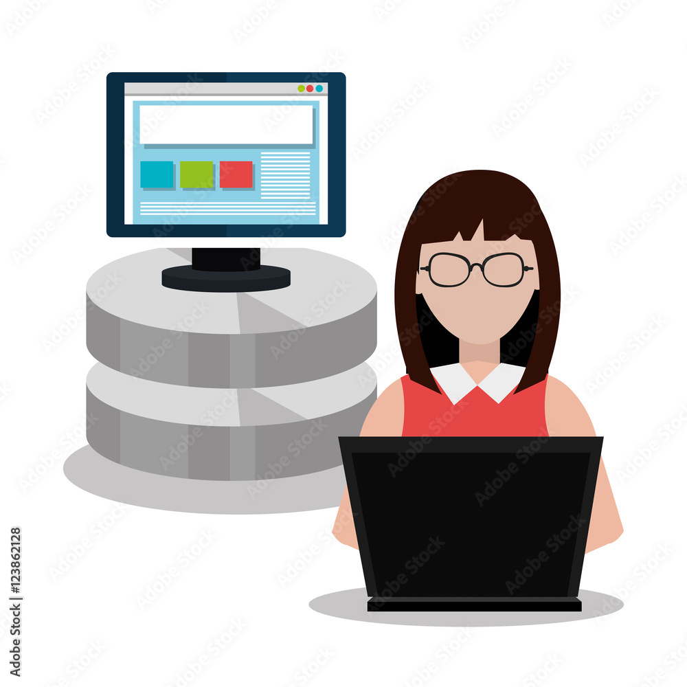 avatar woman working with laptop computer and monitor over white ...