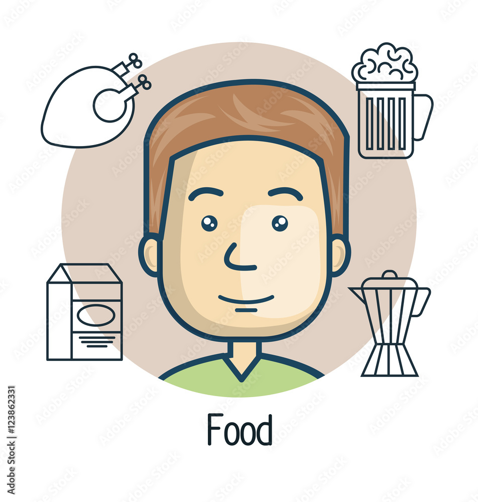 avatar man smiling cartoon with food icon set over brown circle and ...