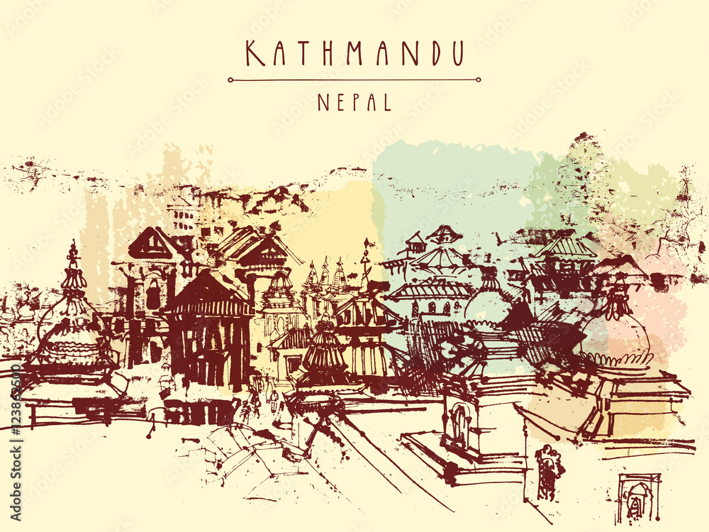 Pashupatinath Hindu temple, Kathmandu, Nepal. Travel sketch on Nepalese ...