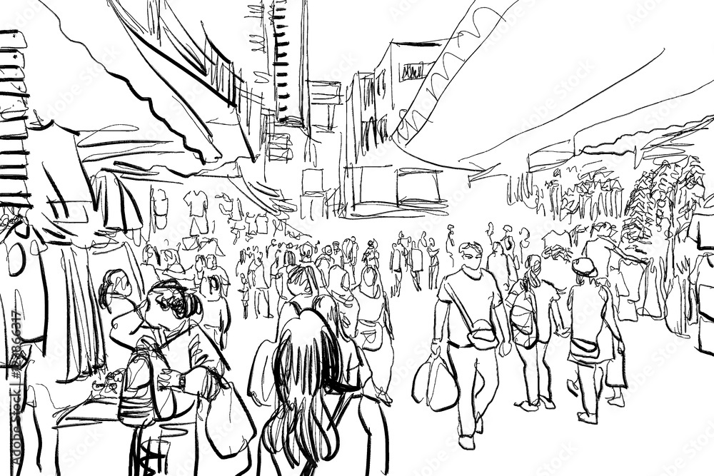 Crowded Street Drawing