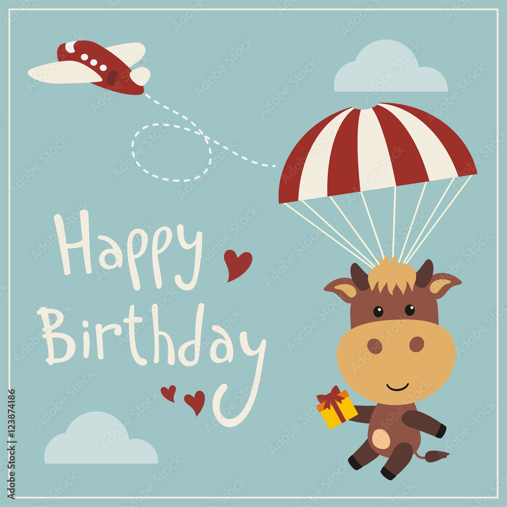 Happy birthday! Funny cow flying on parachute with gift. Сard in ...