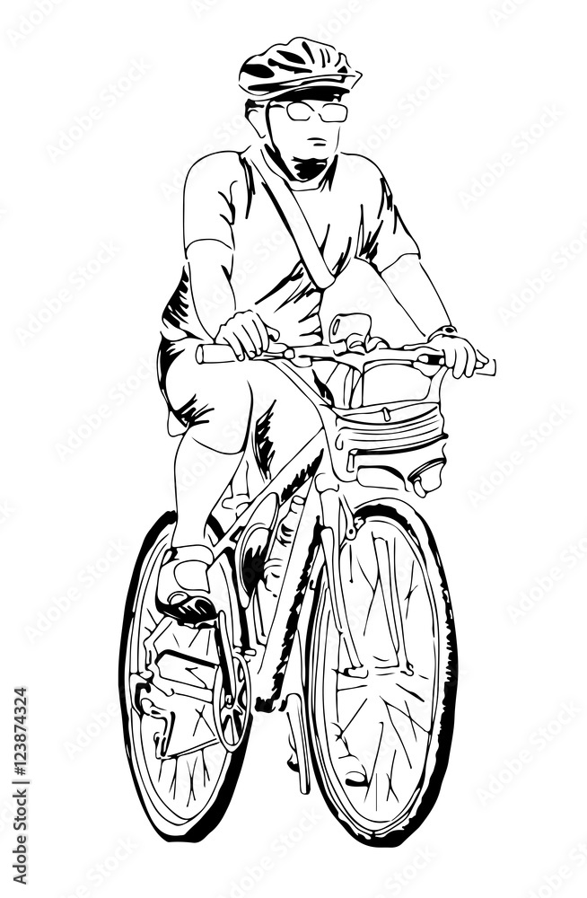 Hand drawn sketch of a man rides on a mountain bike or bicycle. Stock ...