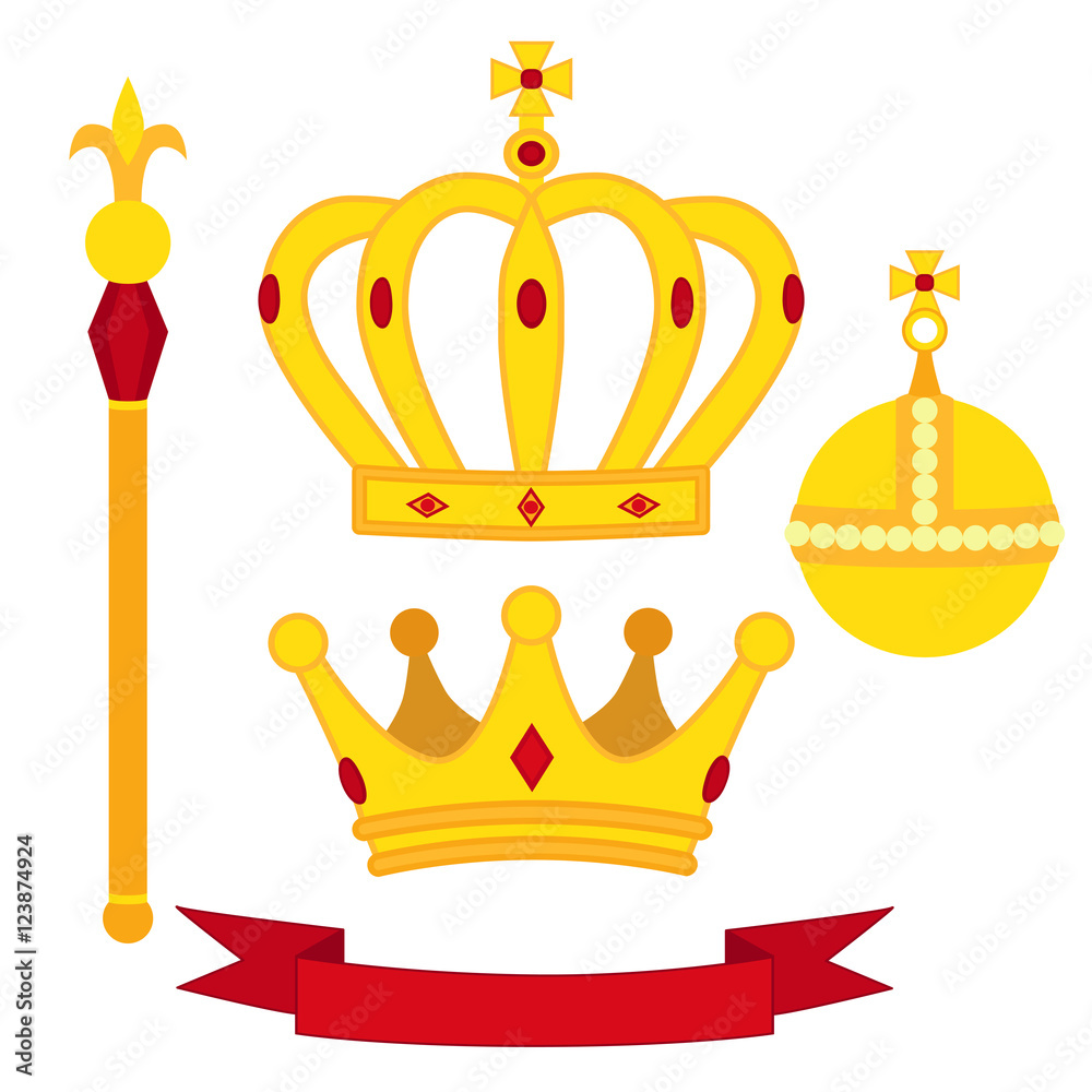 Heraldic symbols, monarch set. Royal traditions combination in flat ...