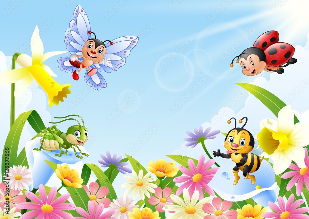 Cartoon insects on flower field Stock Vector | Adobe Stock