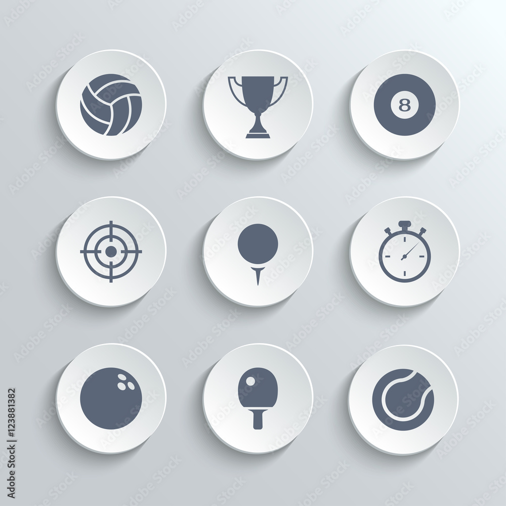 Sport icons set - vector white round buttons with volleyball trophy cup ...