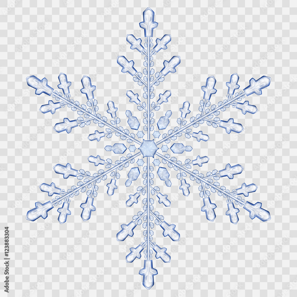 Big translucent crystal snowflake in blue colors on transparent ...