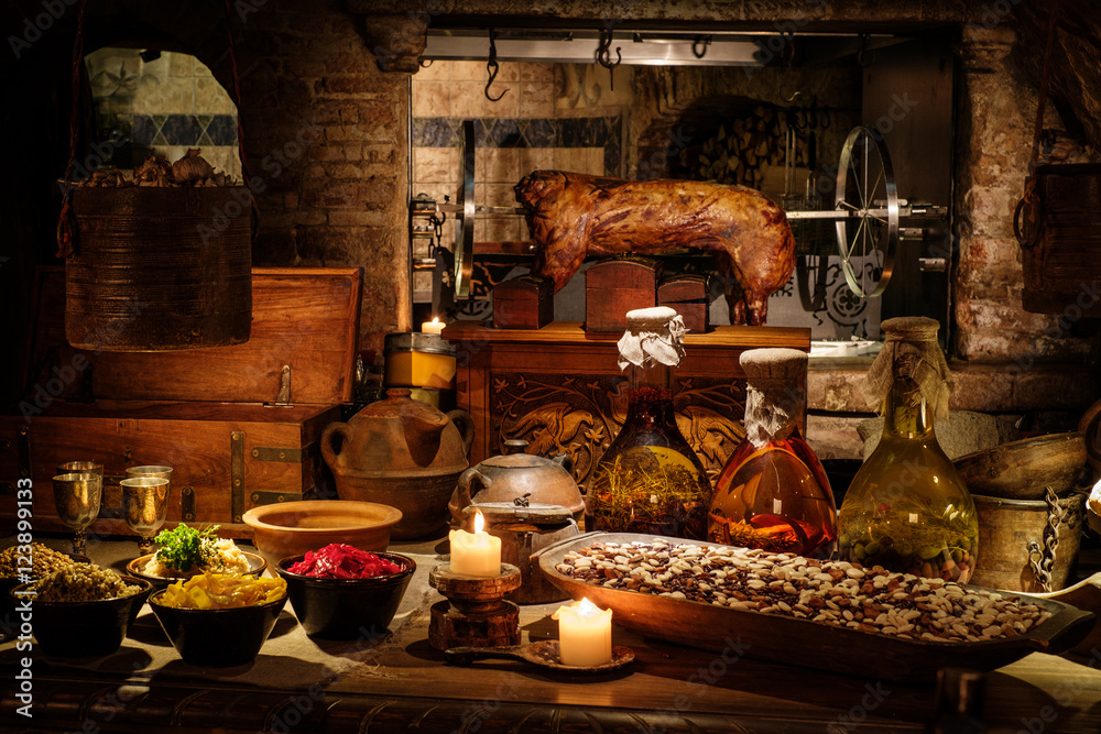 Medieval ancient kitchen tabe with typical food in royal castle Stock ...