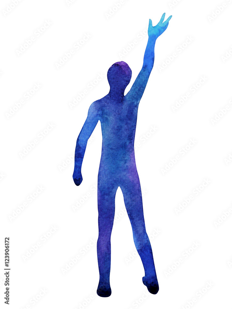 man standing hand up to catch in the air, watercolor painting hand ...