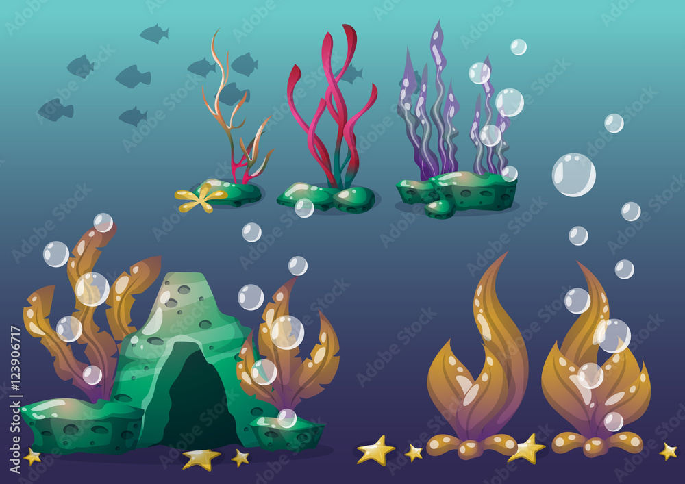 cartoon vector underwater objects with separated layers for game art ...