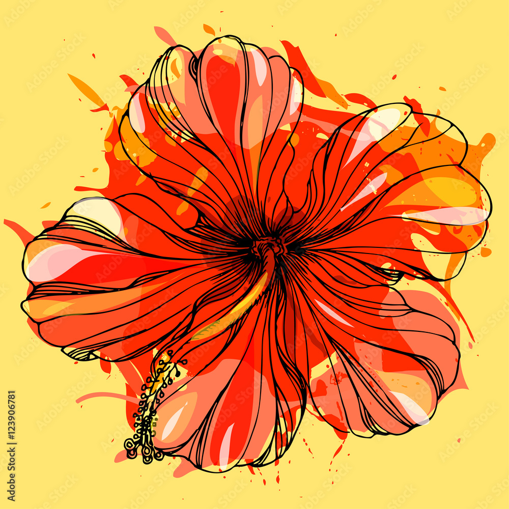 Red Hand Drawn Floral Ornament With Hibiscus Flower Stock Vector