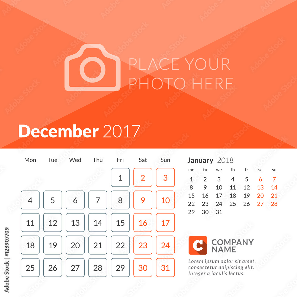 December 2017. Calendar for 2017 Year. Week Starts Monday. 2 Months on ...