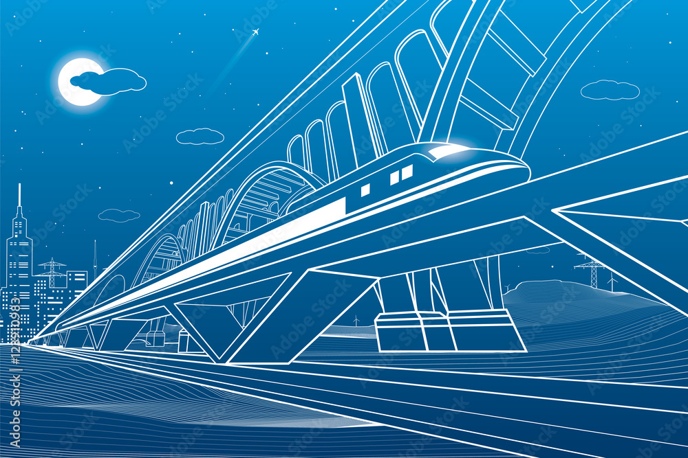 Train move on the bridge, night city, industrial and transportation ...