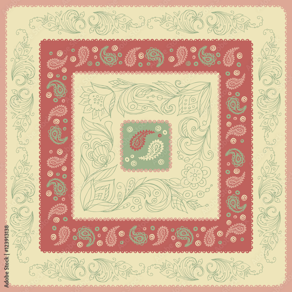 Women's scarf.The artwork in Warm colors. Floral pattern.Square border ...