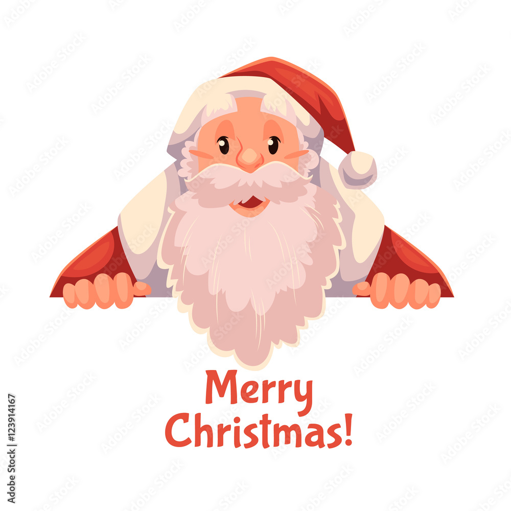 Cartoon style Santa Claus holding a sign with both hands, Christmas ...
