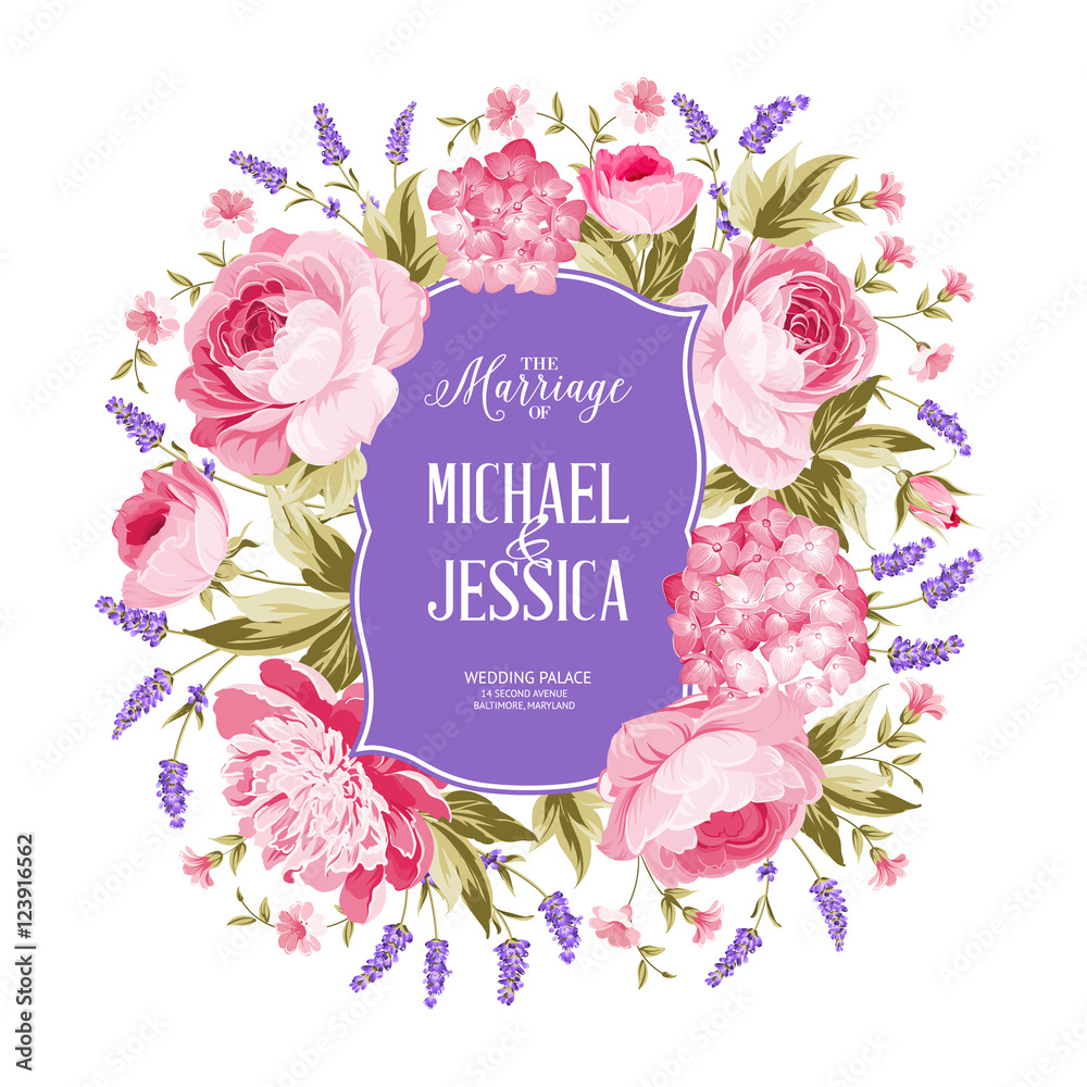 Marriage invitation card. Spring flowers bouquet of rose, peony and ...