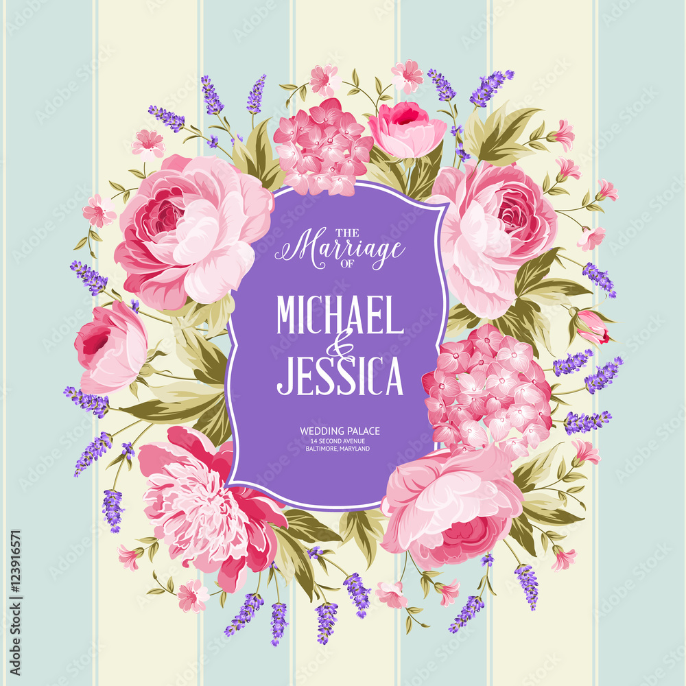 Marriage invitation card. Spring flowers bouquet of rose, peony and ...