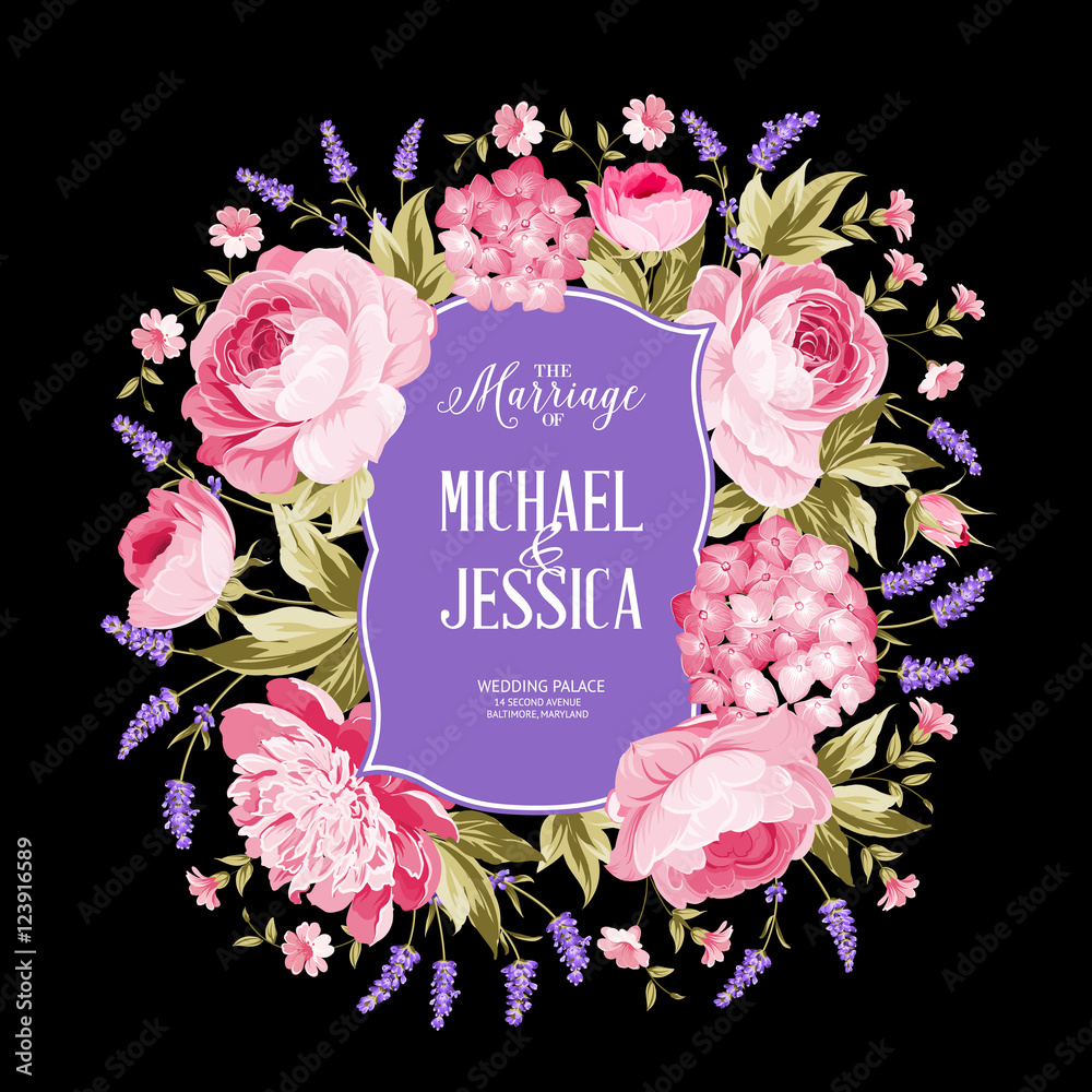 Marriage invitation card. Spring flowers bouquet of rose, peony and ...