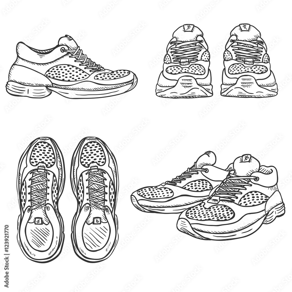 Vector Set of Sketch Running Shoes. Top, Side and Front Views Stock ...