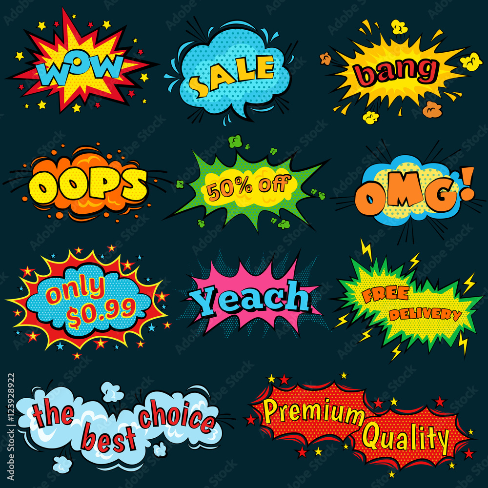 Comic sound effects in pop art vector style. Sound bubble speech with ...