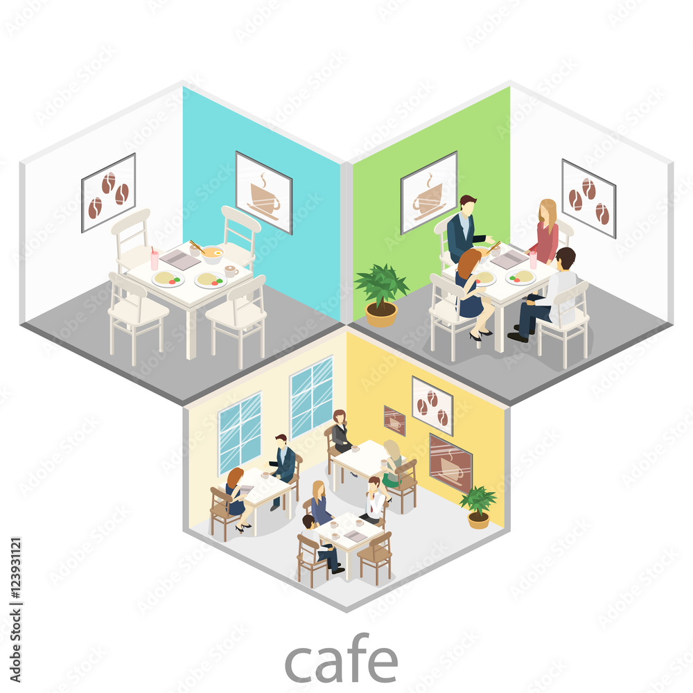 Isometric interior of coffee shop. flat 3D isometric design interior ...
