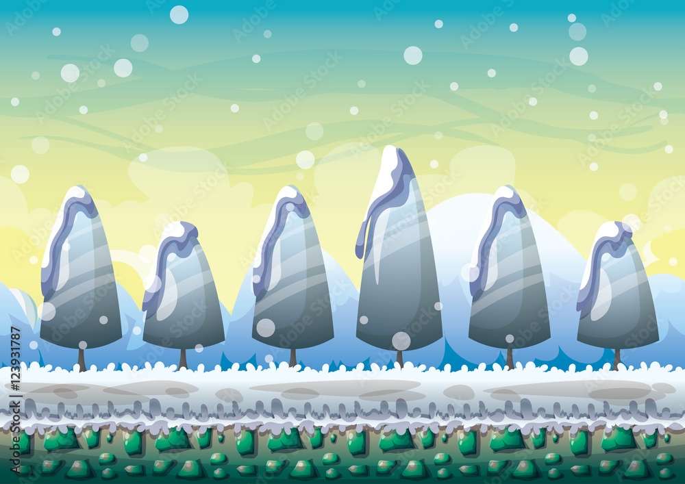 cartoon vector snow landscape background with separated layers for game ...