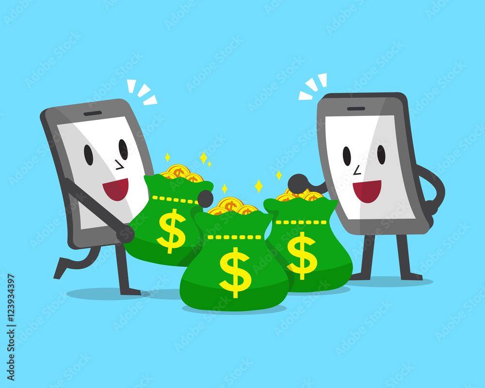 Cartoon smartphones with money bags Stock Vector | Adobe Stock