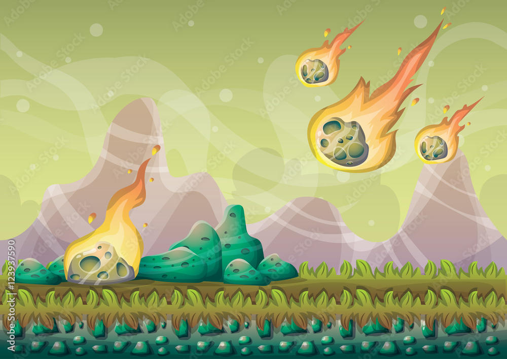 cartoon vector landscape with meteor background with separated layers ...