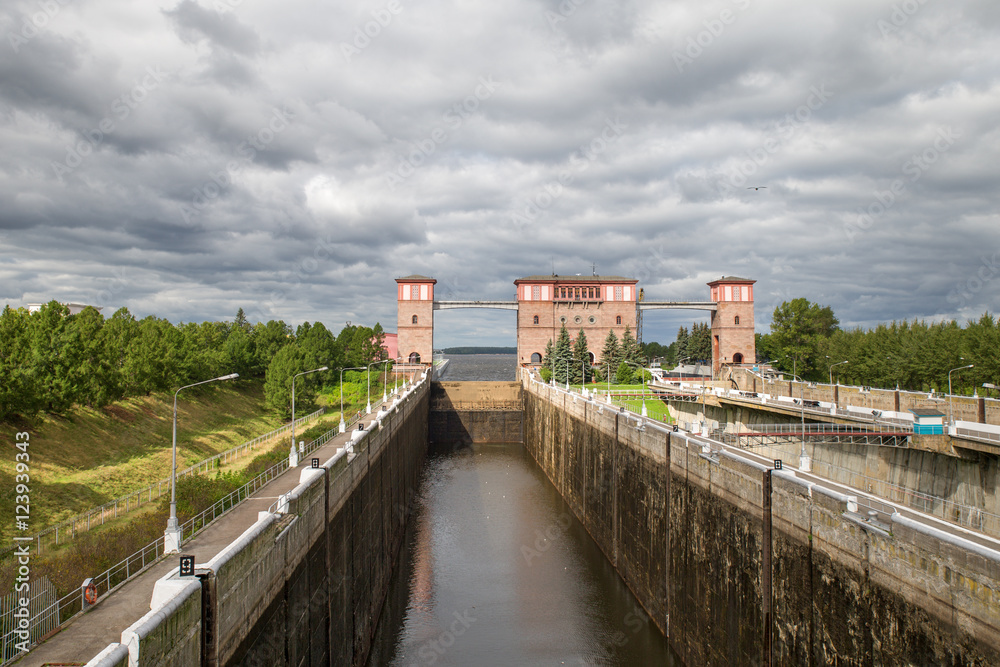 sluice gateway to the river channel for ships Stock Photo | Adobe Stock