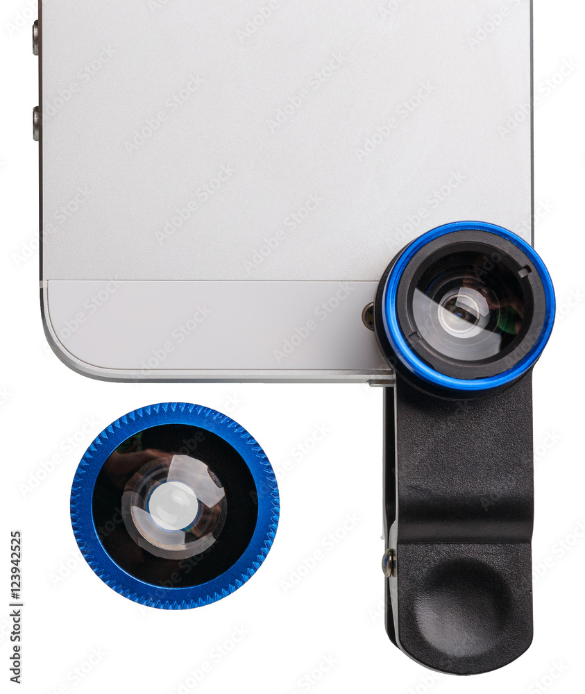 Smartphone camera lens kit: two lenses and clip. Top view. One of the ...