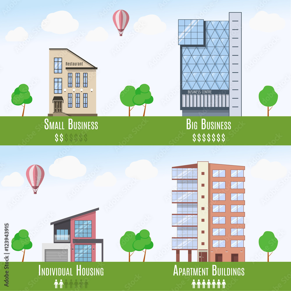 Commercial and Residential Real Estate Infographics, set of 4 buildings ...