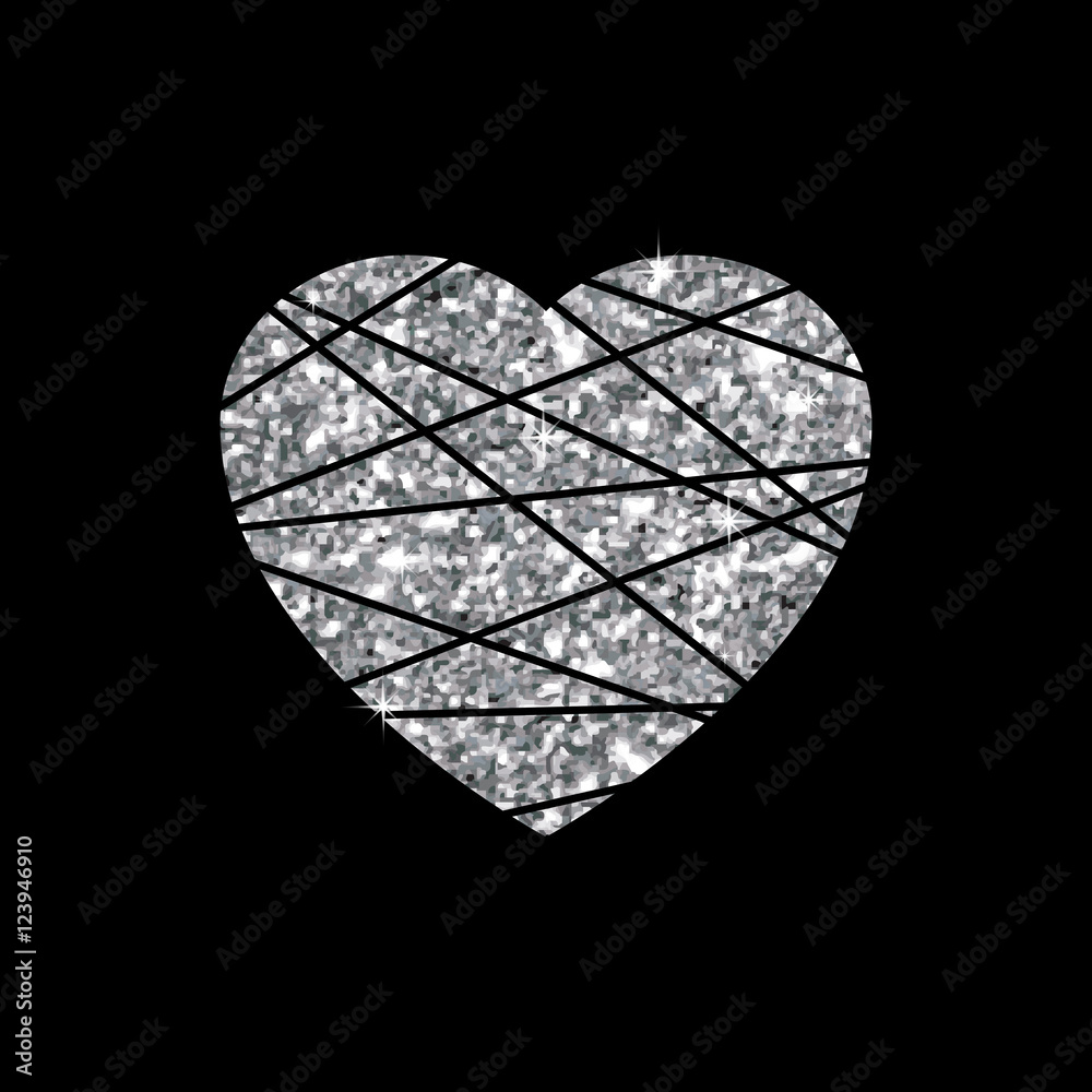 Silver heart sign. Metal shape isolated on black background. Vector ...