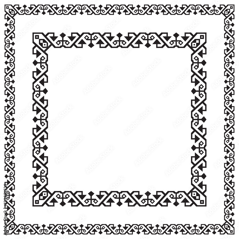 Black square frames, geometric shapes. Stylized folk pattern. Stock ...