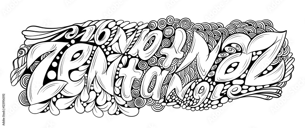 Vector monochrome hand drawn zentagle text illustration. Mirrored ...