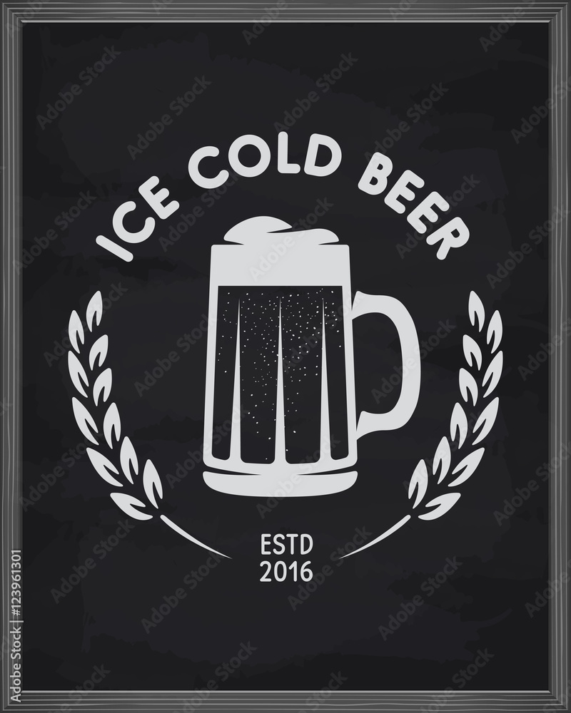 Ice cold beer poster. Pub emblem on chalkboard background. Vector ...