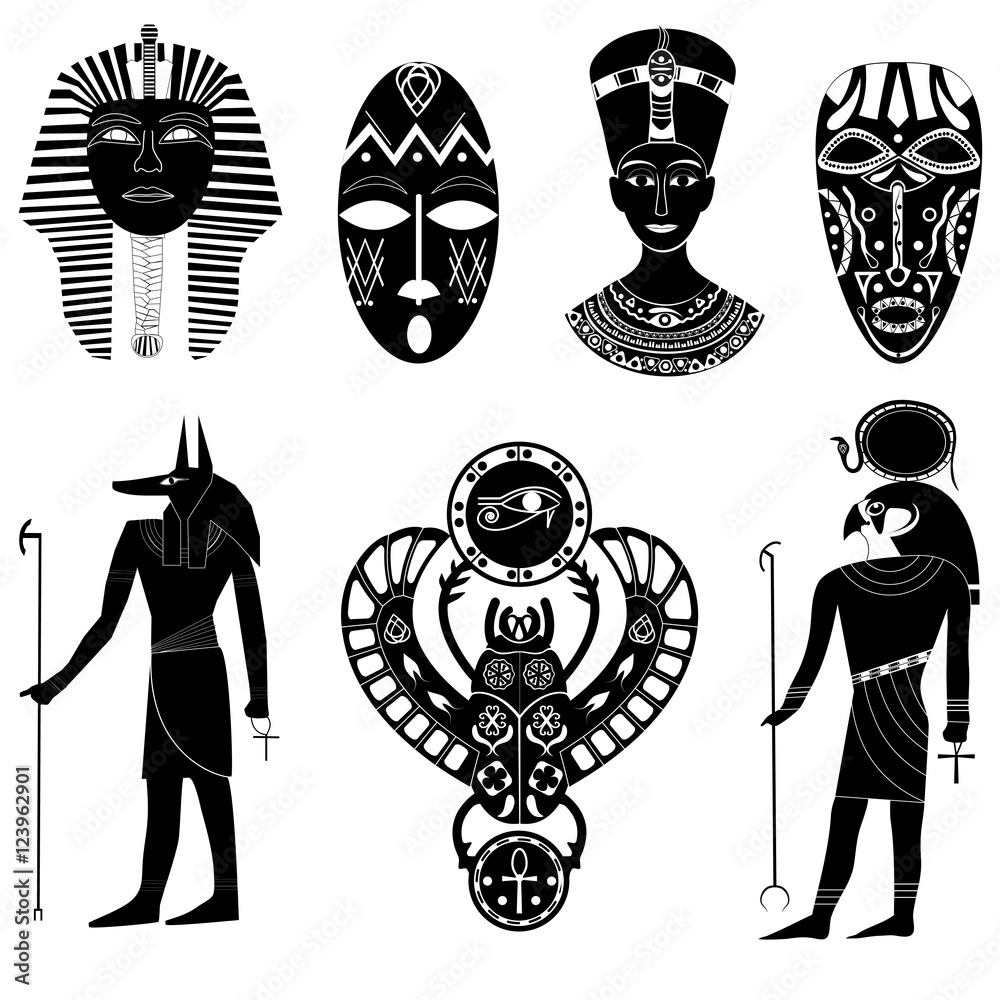 A set of silhouettes of Egyptian Tutankhamun, Cleopatra and Nefe Stock ...
