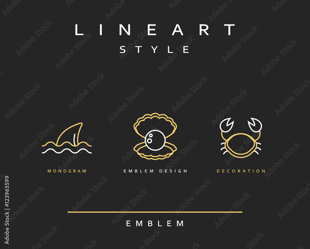 Crab, pearl, and fin emblem in linear style. Seafood Elegant emblem ...
