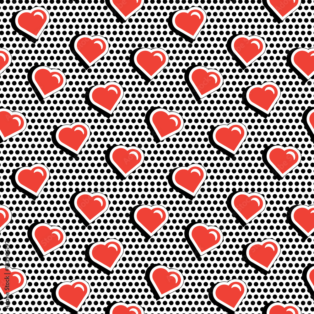 Seamless pattern with colorful badge shape hearts on black dotty ...