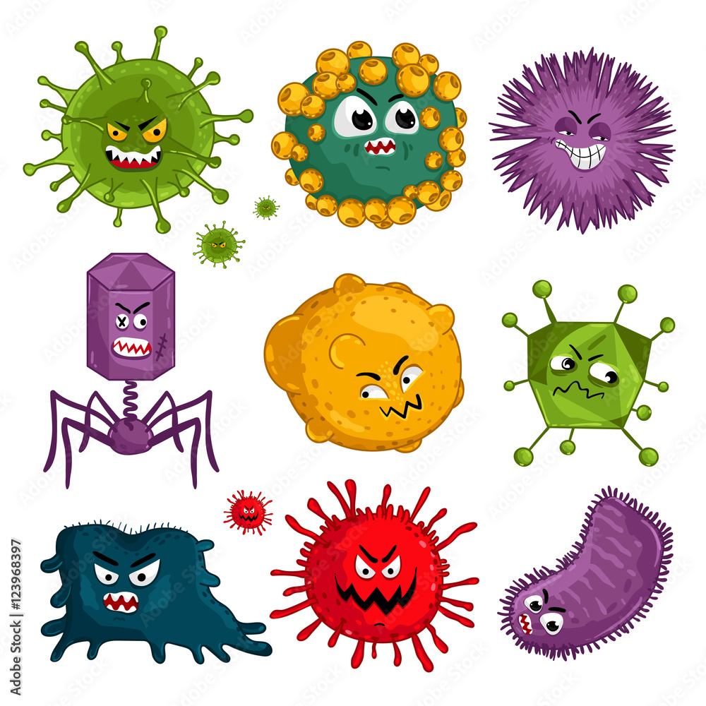 Vecteur Stock Cartoon viruses characters isolated vector illustration ...