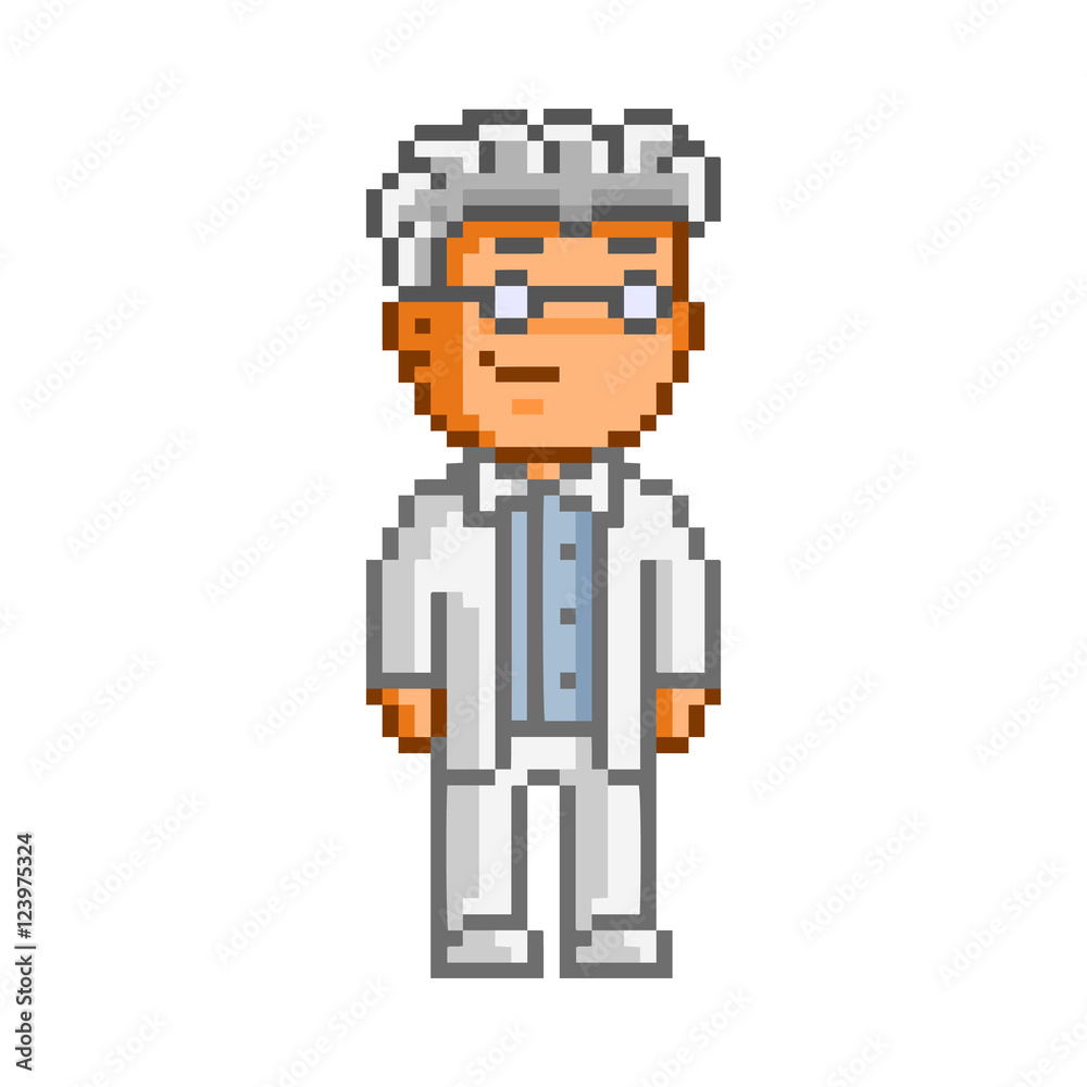 Vector pixel art scientist on white background. Stock Vector | Adobe Stock