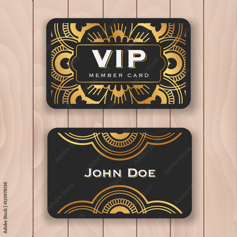 Golden mandala VIP access card. Special guest tag card design with dark ...